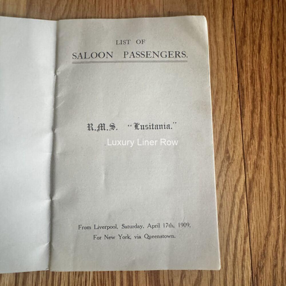 Lusitania Passenger List, First Class 1909 - Luxury Liner Row