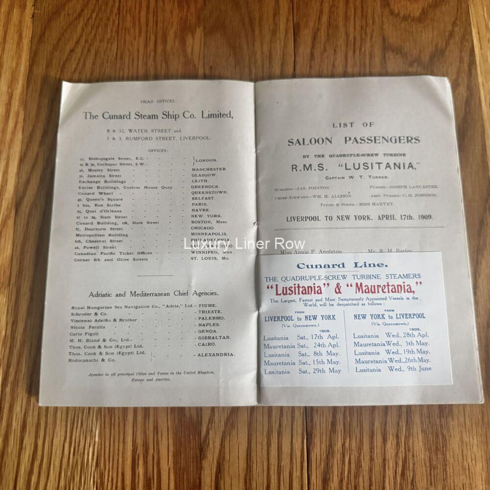Lusitania Passenger List, First Class 1909 - Luxury Liner Row